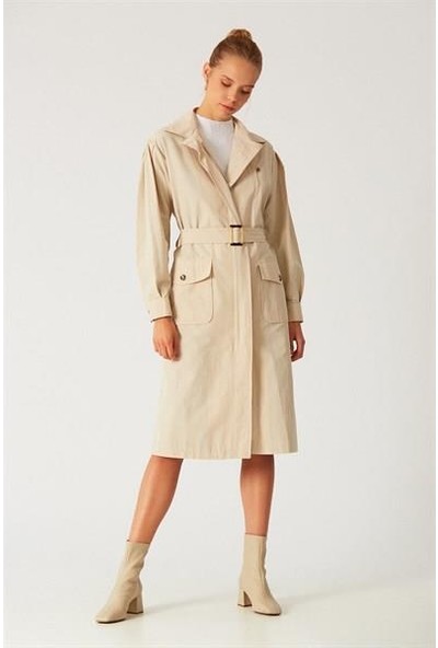 Giyim Dünyası Kadın Cepli Kemerli Trençkot Taş