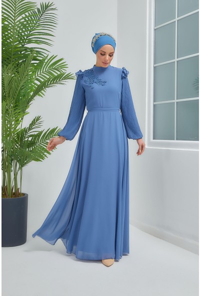 Moda Echer Pilise ve Güpür Detaylı Tesettür Abiye Elbise 7714