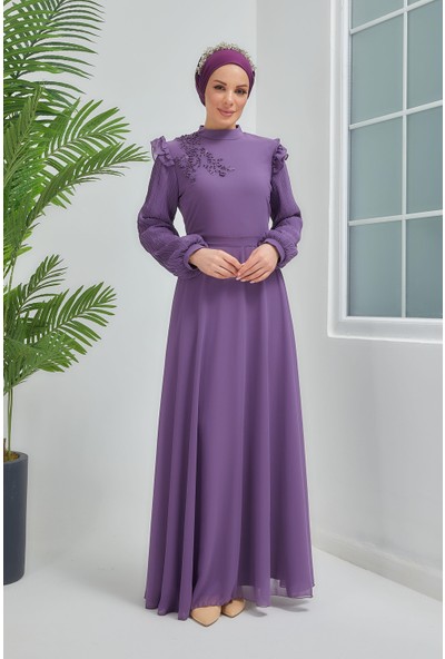 Moda Echer Pilise ve Güpür Detaylı Tesettür Abiye Elbise 7714