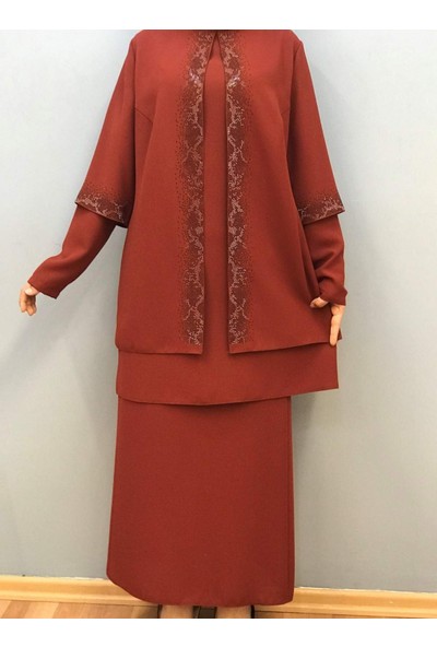 Esinay Kadın Büyük Beden Taş Işlemeli Tunik Etek Takım