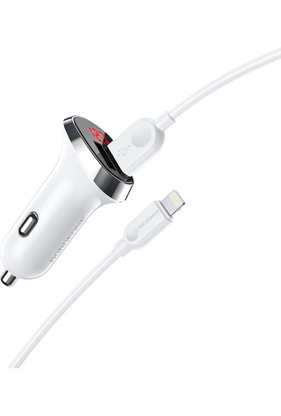 GZPLZ Borofone BZ15 Çift USB Araç Şarj Cihazı + 8 Pin Tel Seti Beyaz