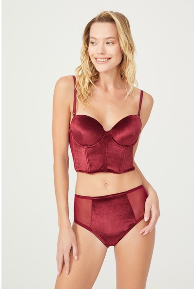 Liva Kadife Korseli Bordo Sütyen Takımı (Regina)