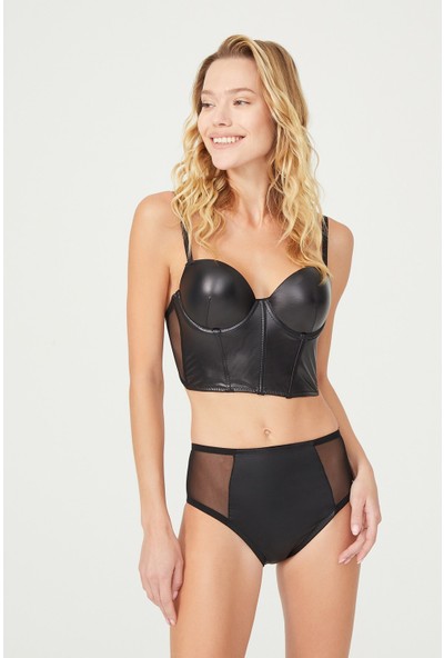 Cansoy Sierra Deri Korseli Siyah Sütyen Takımı