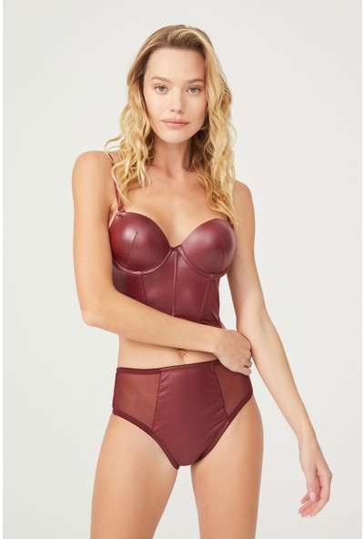 Cansoy Sierra Deri Korseli Bordo Sütyen Takımı