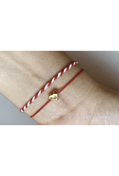 2li Marteniçka ve Kalpli Ip Bileklik Kırmızı Beyaz