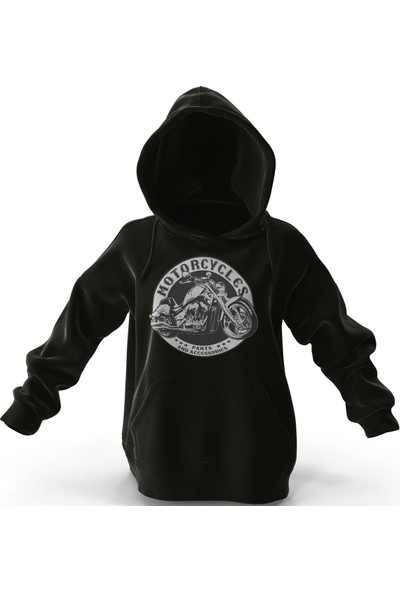 Road Life Motorsiklet Çizimli Ön Arka Baskılı Kanguru Sweatshirt