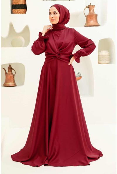 Neva Style Tesettürlü Abiye Elbise - Krep Saten Bordo Tesettür Abiye Elbise 3389BR Neva Style Tesettürlü Abiye Elbise - Krep Saten Bordo Tesettür Abiye Elbise 3389BR