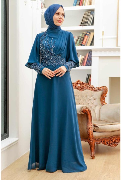 Neva Style Tesettürlü Abiye Elbise - Boncuk Işlemeli Petrol Mavisi Tesettür Abiye Elbise 25817PM Neva Style Tesettürlü Abiye Elbise - Boncuk Işlemeli Petrol Mavisi Tesettür Abiye Elbise 25817PM