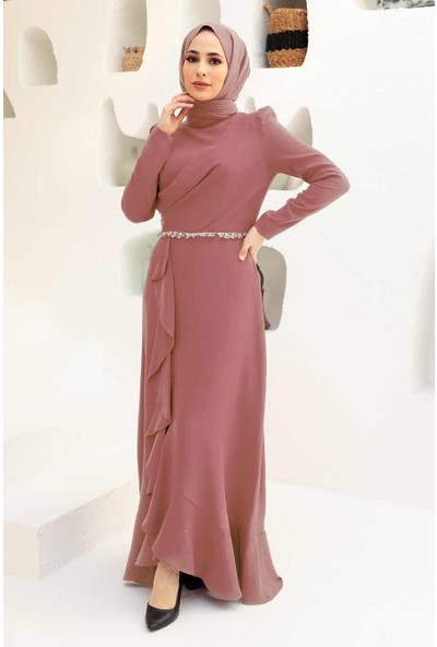 Neva Style Tesettürlü Abiye Elbise - Volanlı Gül Kurusu Tesettür Abiye Elbise 3225GK Neva Style Tesettürlü Abiye Elbise - Volanlı Gül Kurusu Tesettür Abiye Elbise 3225GK