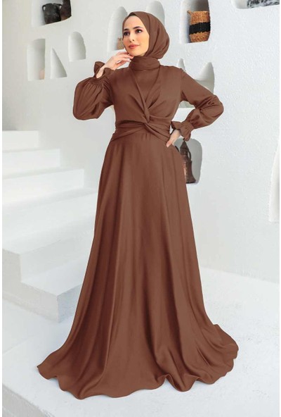 Neva Style Tesettürlü Abiye Elbise - Krep Saten Kahverengi Tesettür Abiye Elbise 3389KH Neva Style Tesettürlü Abiye Elbise - Krep Saten Kahverengi Tesettür Abiye Elbise 3389KH