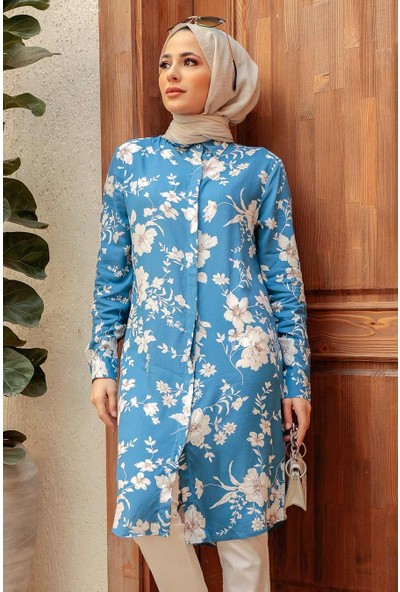 Neva Style - Desenli Indigo Mavisi Tesettür Viskon Tunik 11554IM Neva Style - Desenli Indigo Mavisi Tesettür Viskon Tunik 11554IM