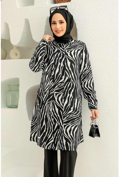 Neva Style - Desenli Siyah Tesettür Viskon Tunik 11555S Neva Style - Desenli Siyah Tesettür Viskon Tunik 11555S