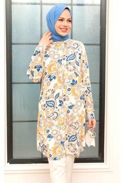 Neva Style - Desenli Ekru Tesettür Viskon Tunik 11557E Neva Style - Desenli Ekru Tesettür Viskon Tunik 11557E