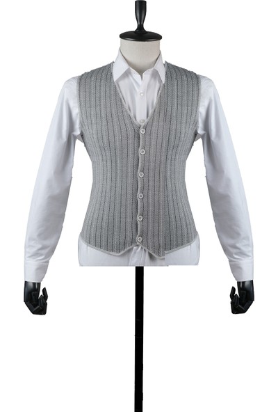 Gri Kendinden Desenli Slim Fit Triko Yelek