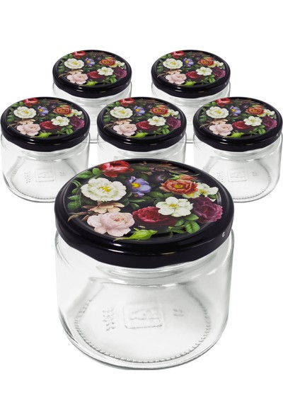 MCAP Cam Kavanoz ve Desenli Kavanoz Kapağı - 6 Adet (330 ml - 82 Mm)