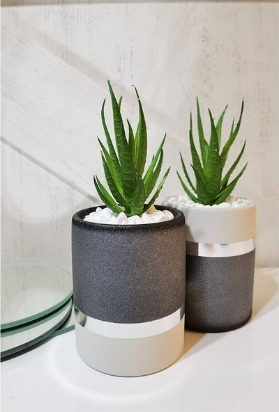 Liv Stil Ikili Şeritli Yapay Çiçekli Dekoratif Beton Saksı Seti