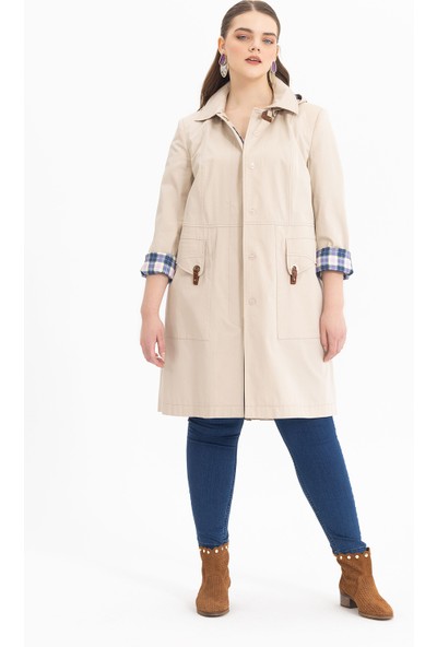 Galaxi Kadın Büyük Beden Astarı Ekoseli Trençkot 3051001 Bej