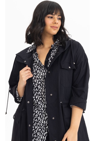 Galaxi Kadın Büyük Beden Kapüşonlu Trençkot 3051000 Siyah