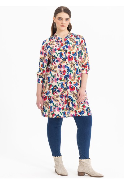 Galaxi Kadın Büyük Beden Şal Desenli Tunik 3051001 Fuşya