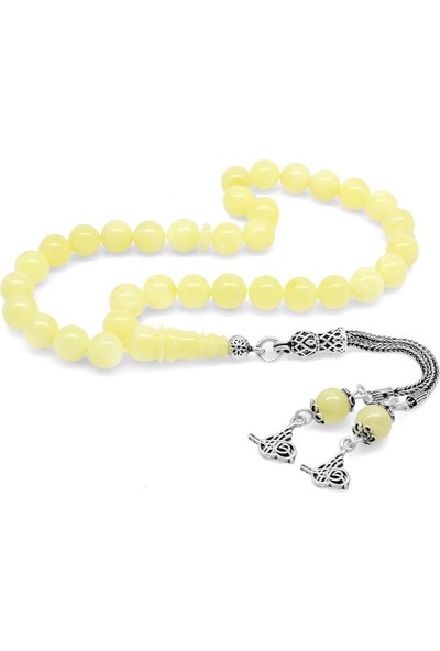 Nipora 925 Ayar Gümüş Tuğra Püsküllü Küre Kesim Sarı-Beyaz Hareli Damla Kehribar Tesbih Nipora 925 Ayar Gümüş Tuğra Püsküllü Küre Kesim Sarı-Beyaz Hareli Damla Kehribar Tesbih