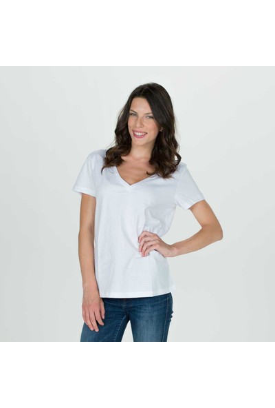 Think Simple Kadın Derin V Yaka T-Shirt - Beyaz