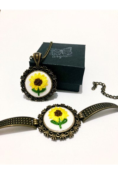 Örgüce Günebakan El Emeği Nakış Kolye Bileklik Seti Kadın Bijuteri Takı Özel Hediye