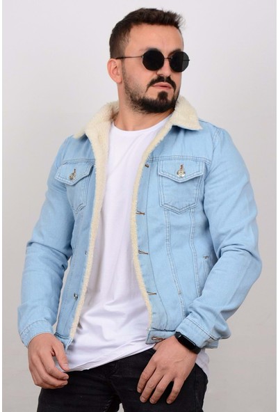 Erkek Slim Fit Cepli Içi Kürklü Düğmeli Kot Ceket Buz Mavi PR113