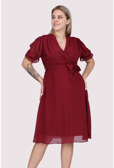 Apsen Kadın Kruvaze Yaka Kuşaklı Büyük Beden Midi Boy Şifon Elbise 4255/110