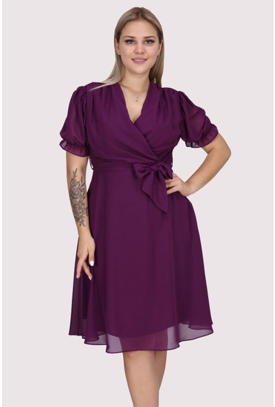 Apsen Kadın Kruvaze Yaka Kuşaklı Büyük Beden Midi Boy Şifon Elbise 4255/110