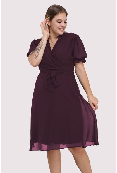 Apsen Kadın Kruvaze Yaka Kuşaklı Büyük Beden Midi Boy Şifon Elbise 4255/110