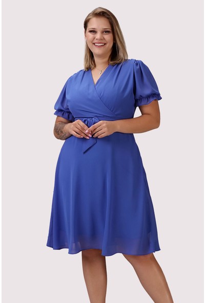 Apsen Kadın Kruvaze Yaka Kuşaklı Büyük Beden Midi Boy Şifon Elbise 4255/110