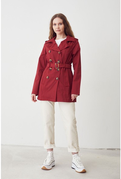 Lime Moda Klasik Trençkot-Bordo Lime Moda Klasik Trençkot-Bordo