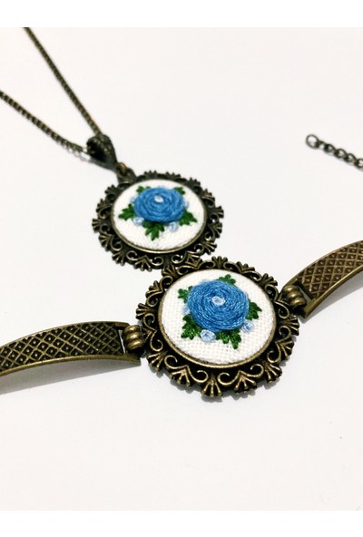 Örgüce Mavi Çiçekli El Emeği Nakış Kolye Bileklik Seti Hediyelik Kadın Bijuteri Takı