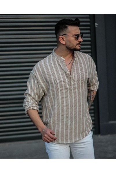 Rocqerx Ham Keten Hakim Yaka Oversize Gömlek