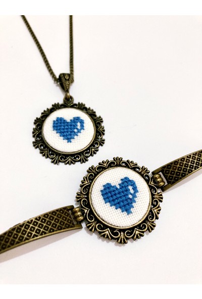 Örgüce Mavi Kalp El Emeği Nakış Kolye Hediyelik Kadın Bijuteri Takı
