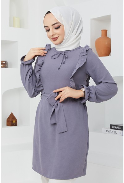 İmaj Butik Ön Fırfır Detaylı Kuşaklı Tesettür Tunik/gri