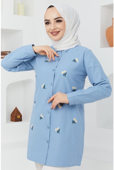 İmaj Butik Papatya Nakışlı Tesettür Gömlek Tunik/mavi