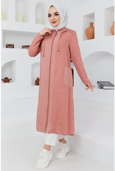 İmaj Butik Büyük Beden Çizgi Detaylı Kapşonlu Kap/pudra İmaj Butik Büyük Beden Çizgi Detaylı Kapşonlu Kap/pudra