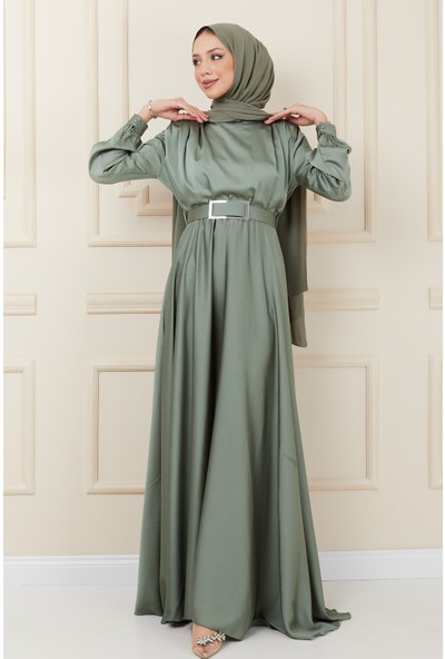 İmaj Butik Omuz Vatkalı Mevlana Saten Tesettür Abiye/yeşil