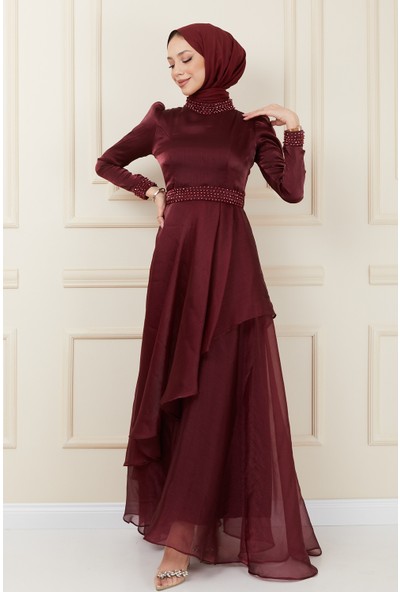 İmaj Butik Asimetrik Kesim Taş Işlemeli Tesettür Abiye/bordo