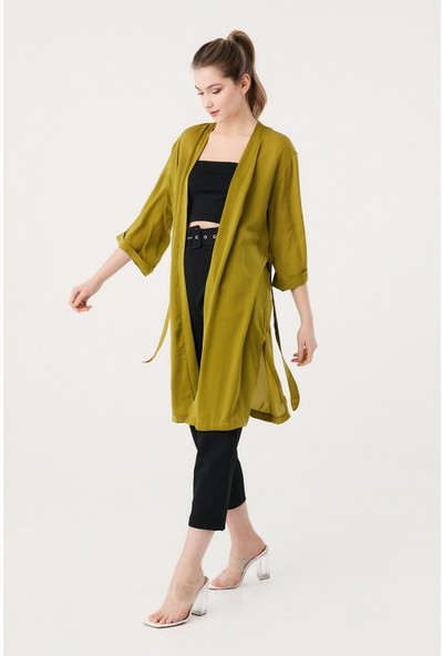 FullaModa Beli Bağlamalı Saten Kimono