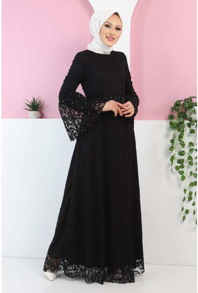 Moda Mihram Kemeri Incili Dantel Elbise Siyah Moda Mihram Kemeri Incili Dantel Elbise Siyah