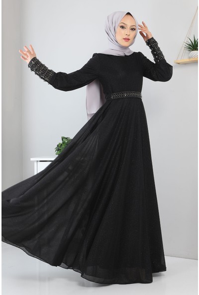 Moda Mihram Taş Detaylı Simli Abiye Siyah