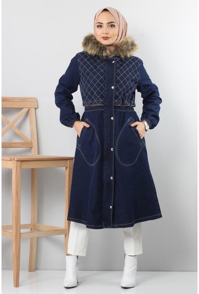 Moda Mihram Kürk Kapşonlu Kot Mont Koyu Mavi Moda Mihram Kürk Kapşonlu Kot Mont Koyu Mavi