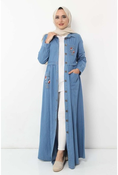 Moda Mihram Nakış Detaylı Tesettür Ferace Açık Kot Moda Mihram Nakış Detaylı Tesettür Ferace Açık Kot