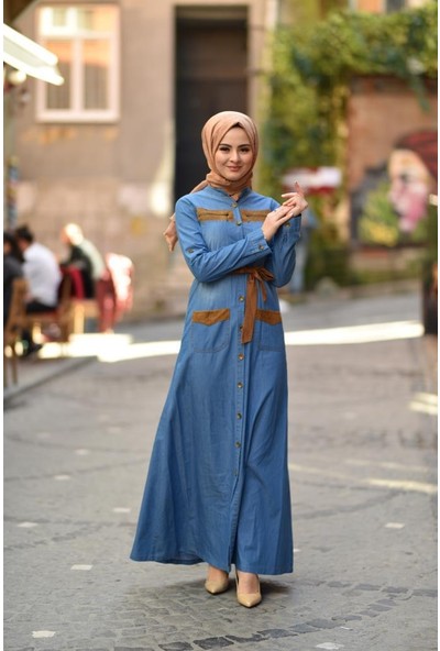 Moda Mihram Fermuar Detaylı Tesettür Ferace Açık Kot Moda Mihram Fermuar Detaylı Tesettür Ferace Açık Kot