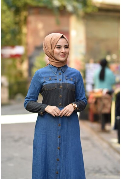 Moda Mihram Düğmeli Garnili Ferace Açık Kot Moda Mihram Düğmeli Garnili Ferace Açık Kot