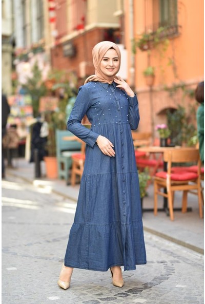 Moda Mihram Incili Tesettür Ferace Koyu Kot