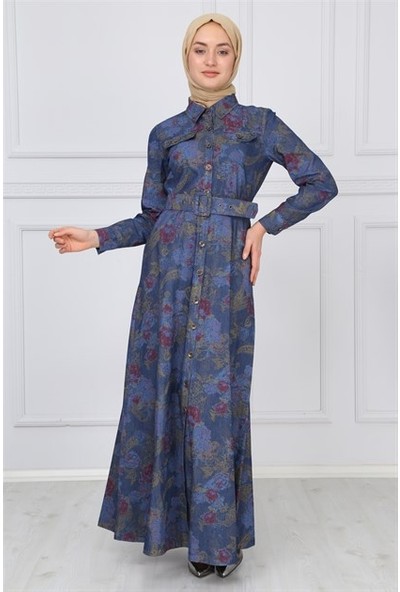 Moda Mihram Desenli Tesettür Kot Ferace Koyu Kot