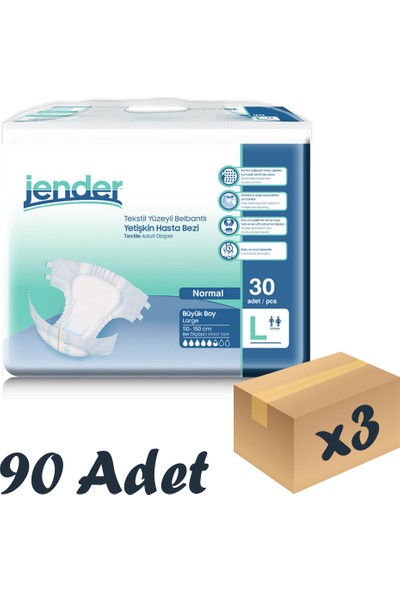 Jender Tekstil Yüzeyli Bel Bantlı Yetişkin Hasta Bezi Large 30'Lu 3 Paket 90 Adet Jender Tekstil Yüzeyli Bel Bantlı Yetişkin Hasta Bezi Large 30'Lu 3 Paket 90 Adet